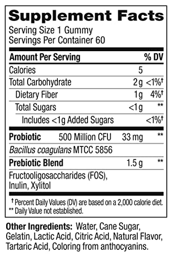 OLLY Probiotic + Prebiotic Gummy, Digestive Support and Gut Health, 500 Million CFUs, Fiber, Adult Chewable Supplement, Peach, 60 Day Supply - 60 Count Pouch