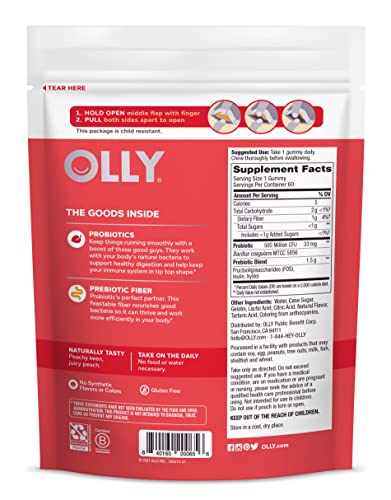 OLLY Probiotic + Prebiotic Gummy, Digestive Support and Gut Health, 500 Million CFUs, Fiber, Adult Chewable Supplement, Peach, 60 Day Supply - 60 Count Pouch
