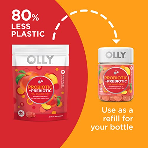 OLLY Probiotic + Prebiotic Gummy, Digestive Support and Gut Health, 500 Million CFUs, Fiber, Adult Chewable Supplement, Peach, 60 Day Supply - 60 Count Pouch