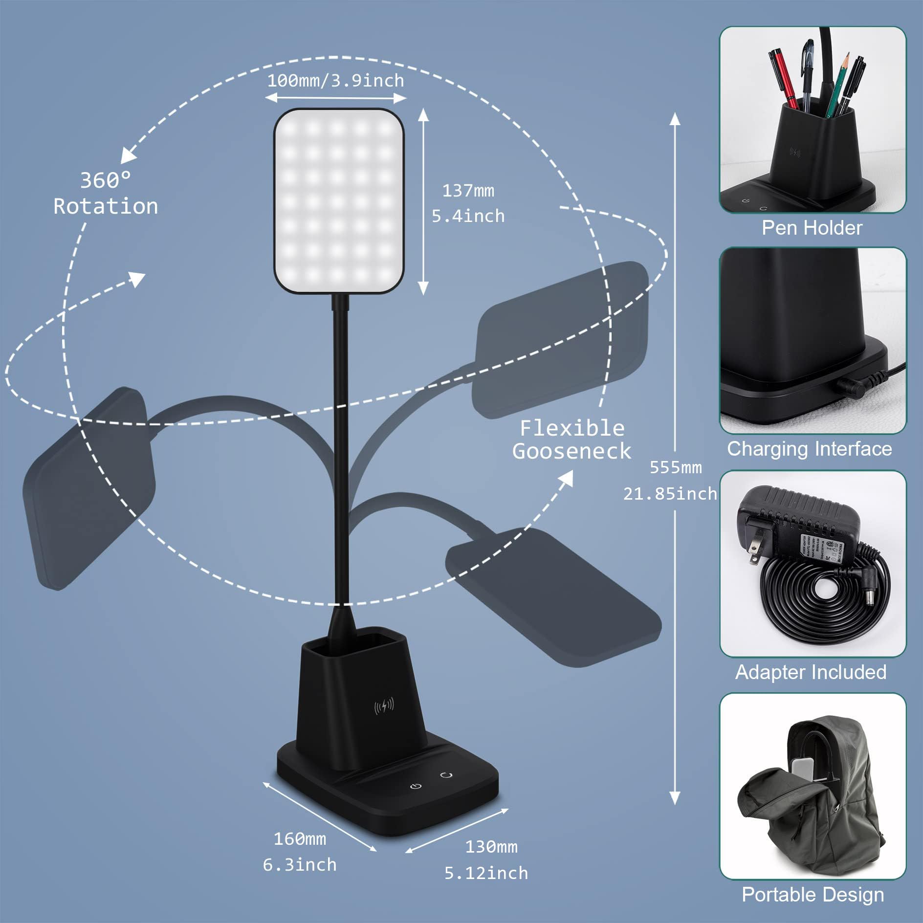 Sailstar LED Desk Lamp with Wireless Charger, Black Desks Lamp for Home Office, 3 Color Modes, Stepless Dimming, CRI 85, 800 Lumen, Study Lamp with Pen Holder for College Dorm Room, Adapter Included