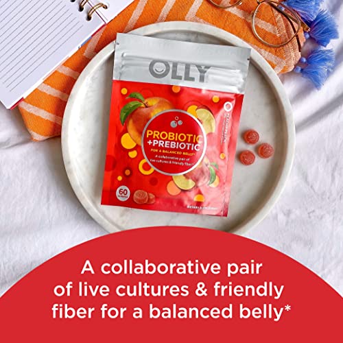 OLLY Probiotic + Prebiotic Gummy, Digestive Support and Gut Health, 500 Million CFUs, Fiber, Adult Chewable Supplement, Peach, 60 Day Supply - 60 Count Pouch