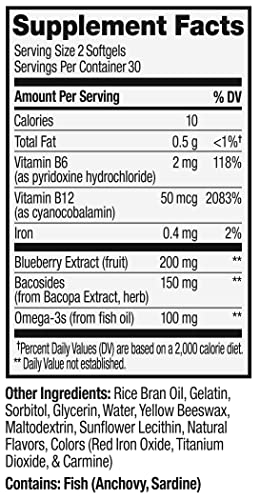 OLLY Ultra Strength Brain Softgels, Nootropic, Supports Healthy Brain Function, Memory, Focus and Concentration, Omega-3s, Vitamins B6 and B12, 30 Day Supply - 60 Count