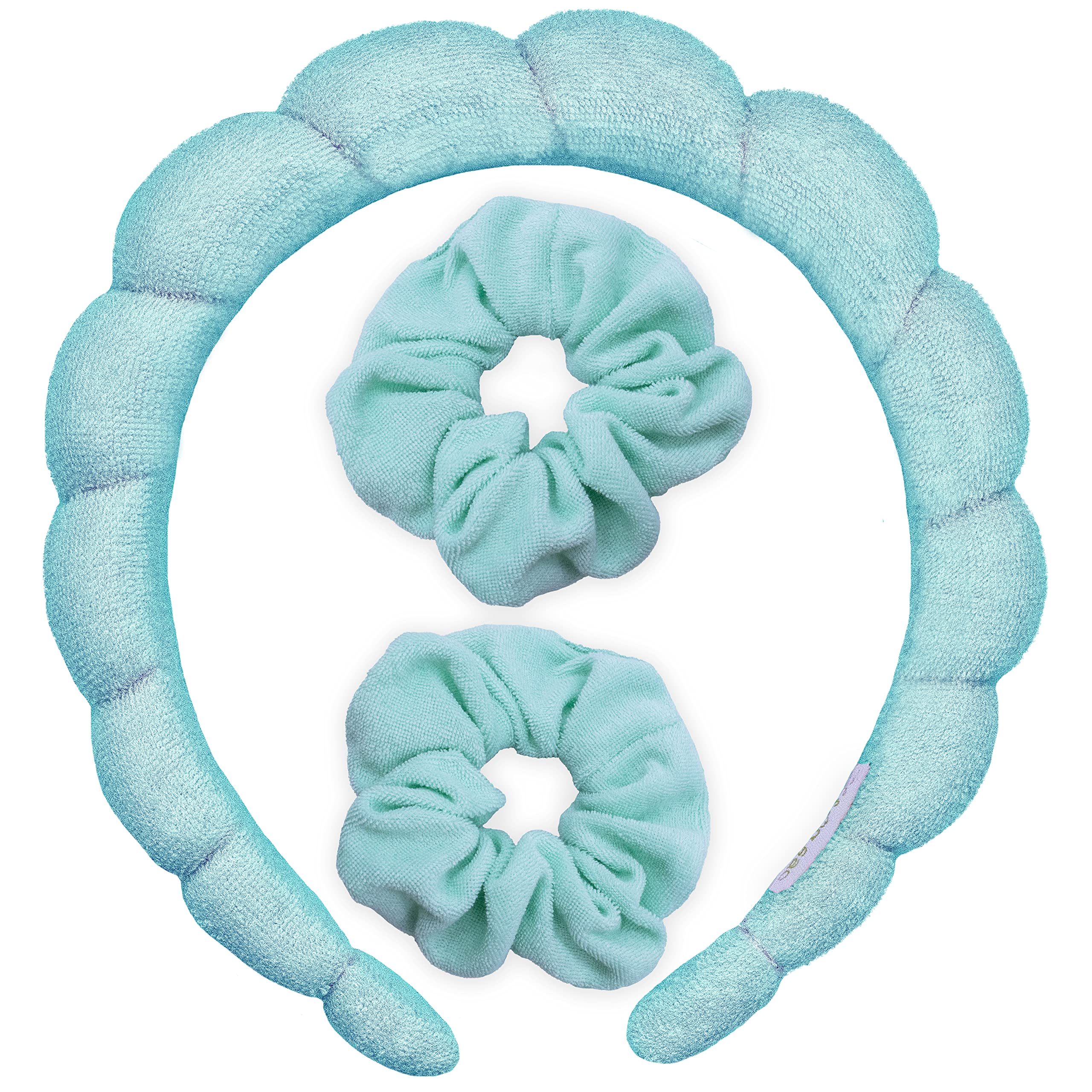 FROG SAC Puffy Spa Headband and Wristbands for Face Washing, Skincare Headbands for Women, Terry Cloth Makeup Skin Care Headbands for Girls, Bubble Make Up Hair Accessories (Mint)