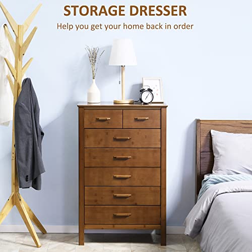 HOMCOM Tall Dresser for Bedroom, 7 Drawer Dresser, Chest of Drawers with Bamboo Frame, Brown