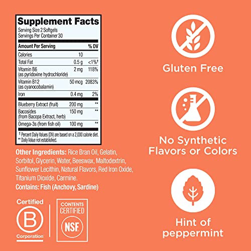 OLLY Ultra Strength Brain Softgels, Nootropic, Supports Healthy Brain Function, Memory, Focus and Concentration, Omega-3s, Vitamins B6 and B12, 30 Day Supply - 60 Count