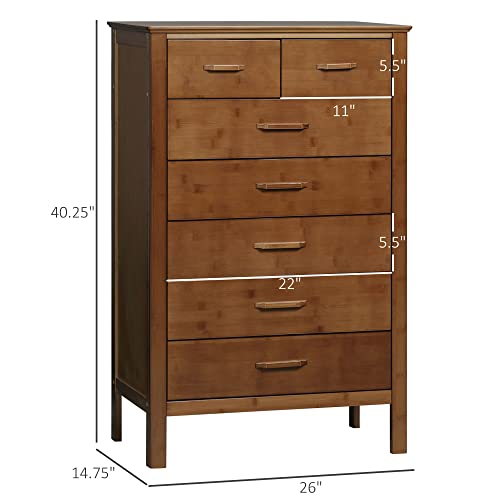 HOMCOM Tall Dresser for Bedroom, 7 Drawer Dresser, Chest of Drawers with Bamboo Frame, Brown