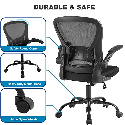 Youhauchair Mesh Office Chair, Ergonomic Computer Chair with Flip-up Arms and Lumbar Support, Height Adjustable Home Office Desk Chairs, Black