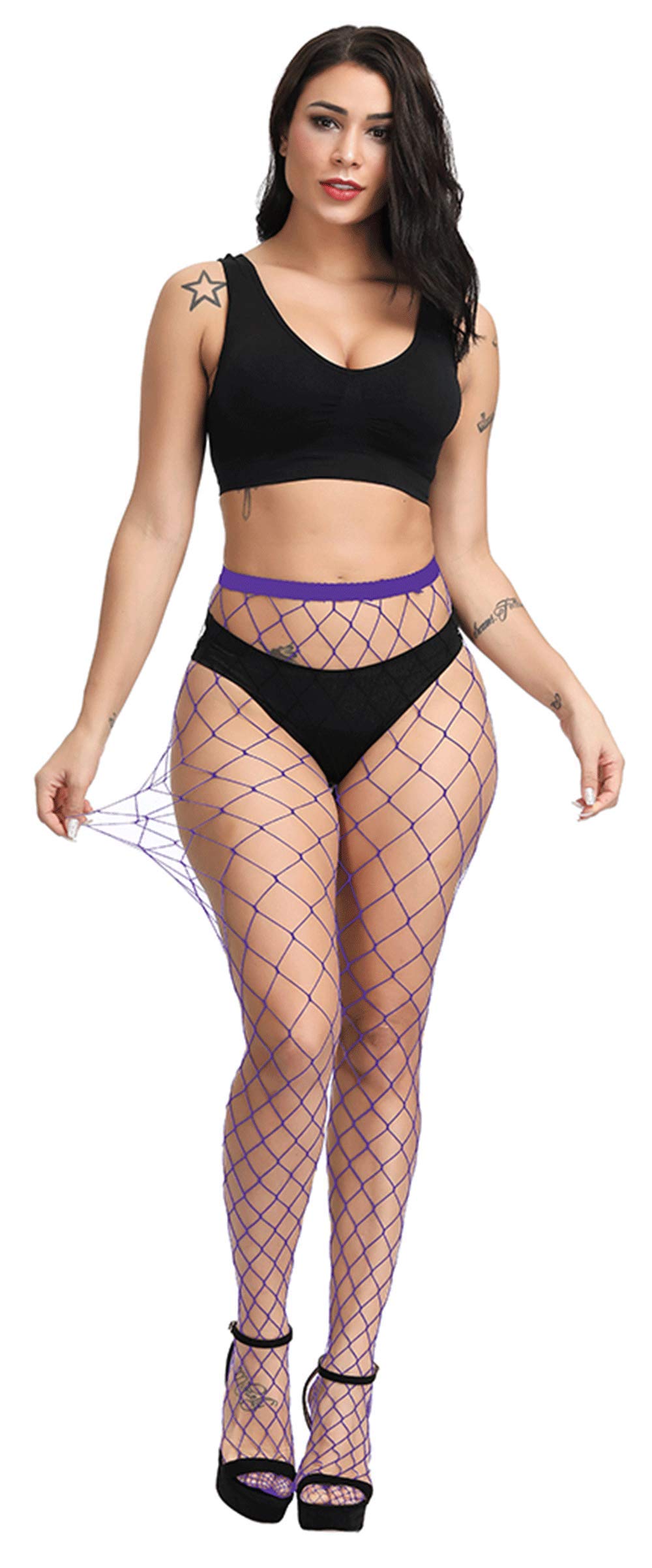 Pareberry Women's High Waisted Fishnet Tights Sexy Wide Mesh Fishnet Stockings (Purple(Big Hole))