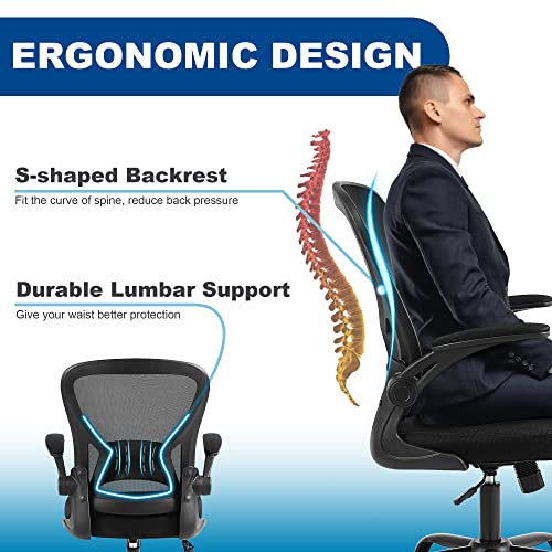 Youhauchair Mesh Office Chair, Ergonomic Computer Chair with Flip-up Arms and Lumbar Support, Height Adjustable Home Office Desk Chairs, Black