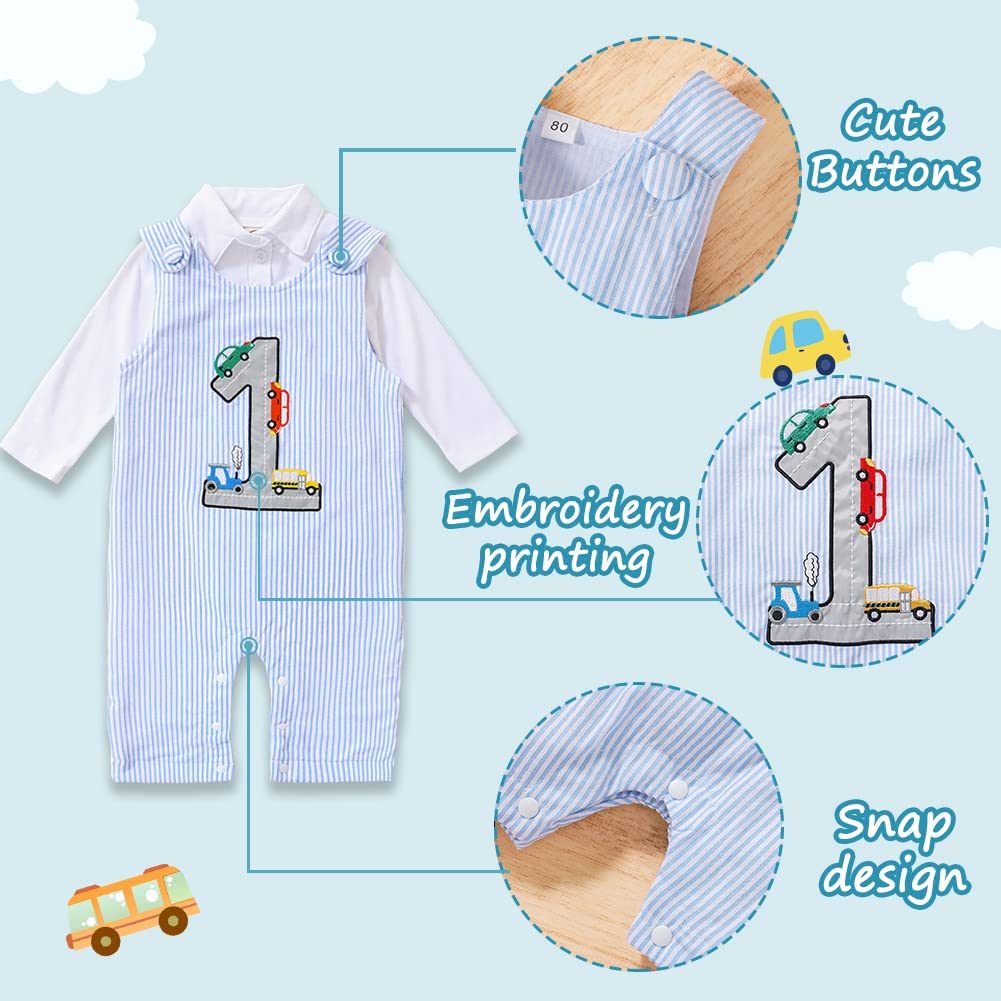 XIFAMNIY Preemie Baby Boy embroidered 1st Birthday Outfit 2Pacs Striped One-Piece Long Sleeve Cotton Romper Summer Jumpsuit Cake Smash Clothes