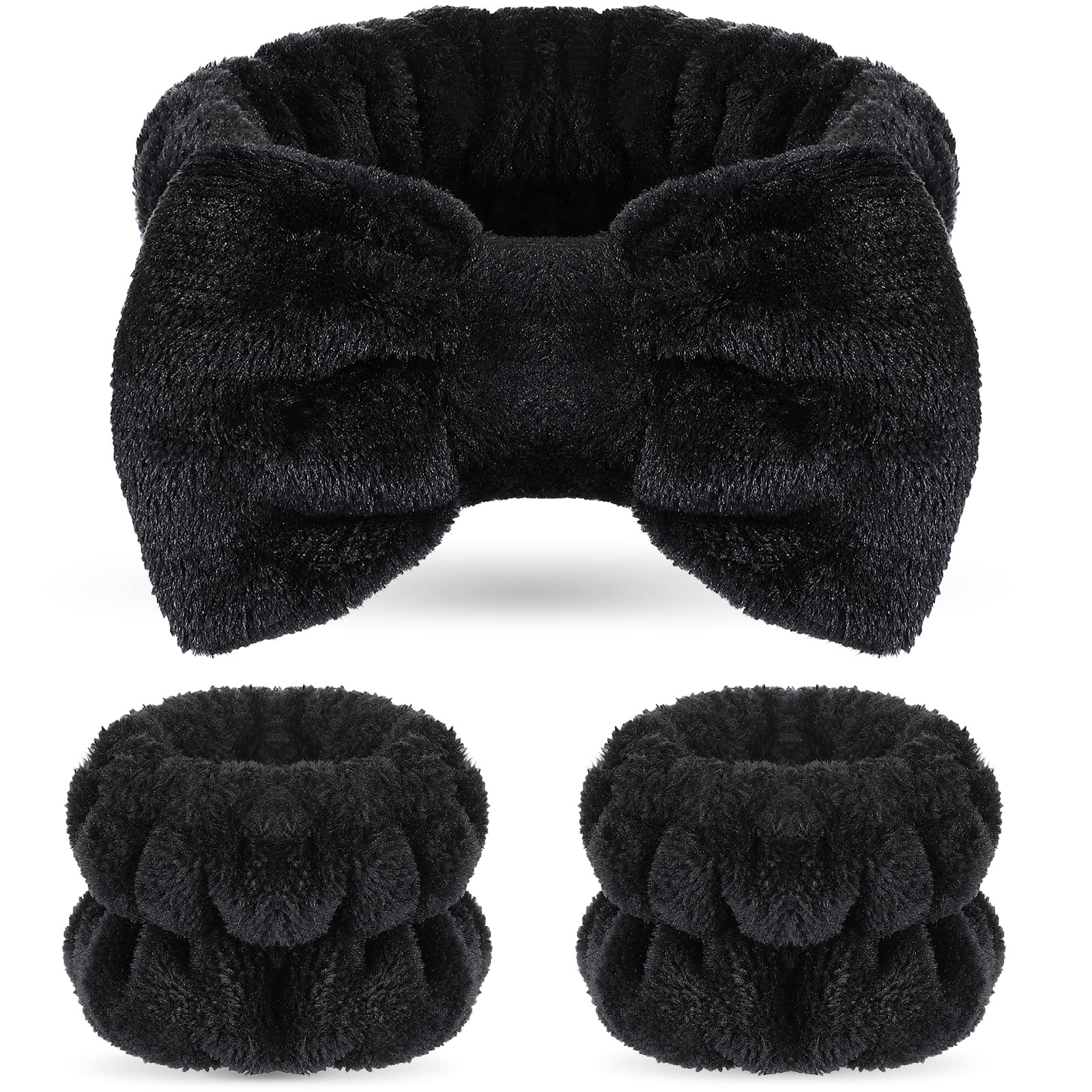 Hanaive 3 Pcs Face Wash Headband Wristband Set for Women Spa Bow Skincare Headband Soft Makeup Wrist Towel for Washing Face Hair Supplies(Black)