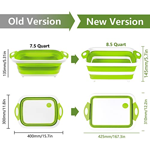 QiMH Collapsible Cutting Board - Portable Washing Veggies Fruits Food Grade Camping Sink (8.5Quart) with Draining Plug - Foldable Multi-function Kitchen Plastic Silicone Basin(Knife Included)