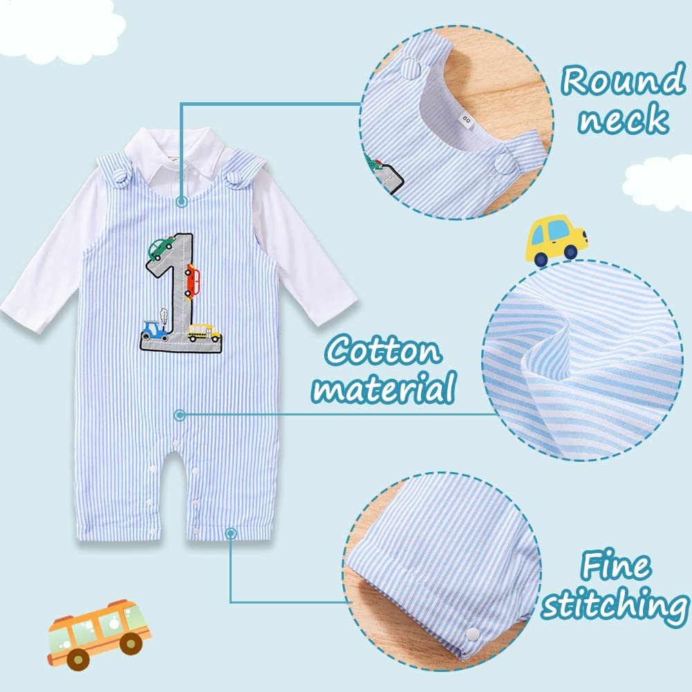 XIFAMNIY Preemie Baby Boy embroidered 1st Birthday Outfit 2Pacs Striped One-Piece Long Sleeve Cotton Romper Summer Jumpsuit Cake Smash Clothes