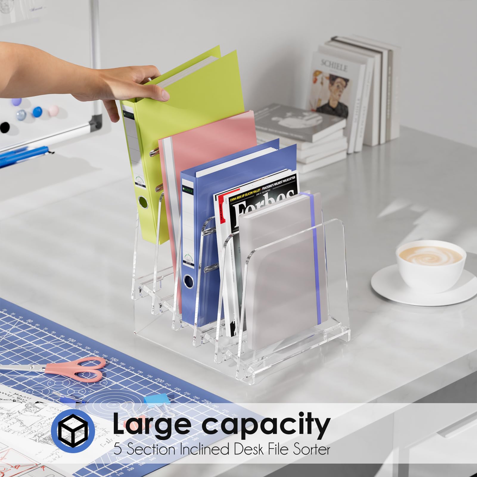 MaxGear Incline File Organizer File Holder 5 Sections, File Folder Holder for Desk Acrylic File Organizer Sorter Vertical File Rack File Stand Document Sorter for Office, School, Home, Clear