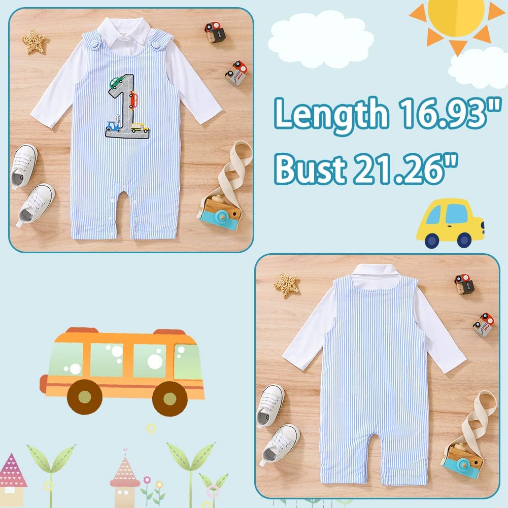 XIFAMNIY Preemie Baby Boy embroidered 1st Birthday Outfit 2Pacs Striped One-Piece Long Sleeve Cotton Romper Summer Jumpsuit Cake Smash Clothes
