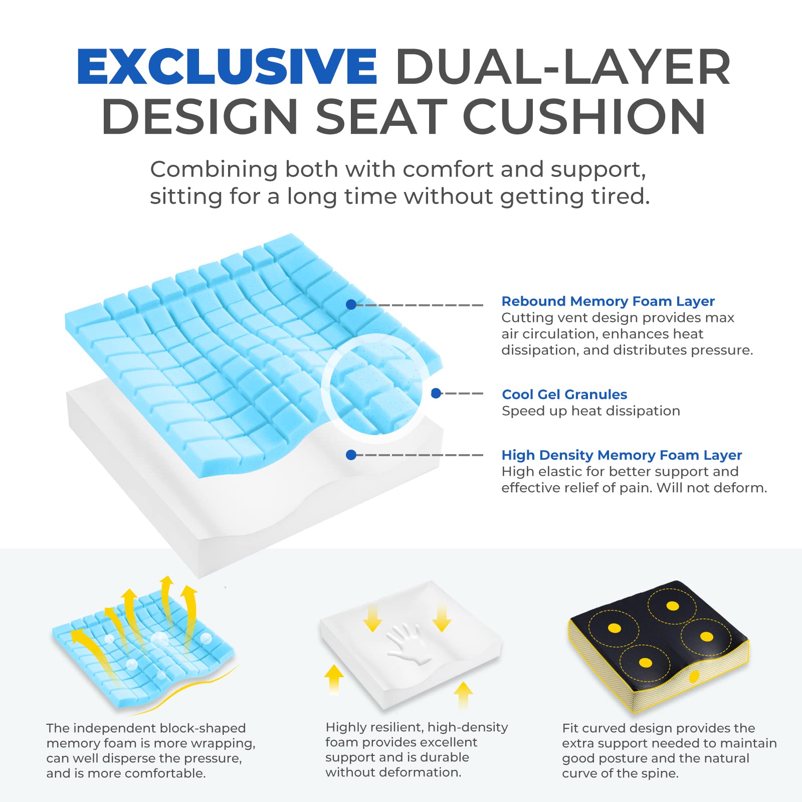 4 Inch Extra Thick Seat Cushion, Dual Layer Memory Foam Chair Cushions, Comfort Seat Cushions for Office Chair, Butt Back Pain Sciatica Coccyx Relief, Strong Support & Sit Longer Not Tired