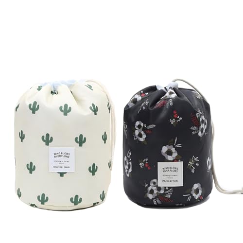 UpOne Barrel Makeup Bags, Travel Large Capacity Waterproof Portable Fashion Drawstring Cosmetic Toiletry Bag(Bag Only), Pack of 2 (Flower + Cactus)