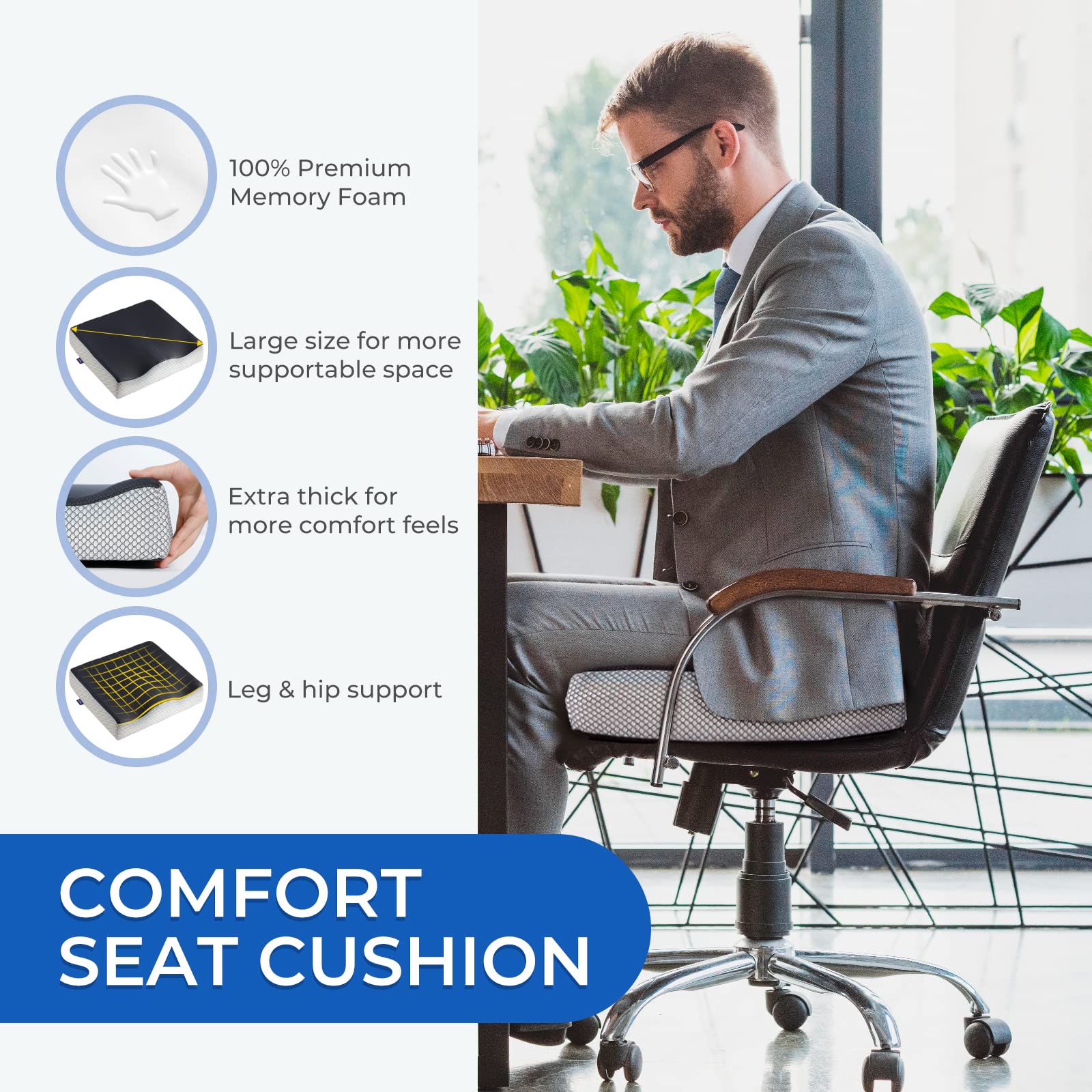 4 Inch Extra Thick Seat Cushion, Dual Layer Memory Foam Chair Cushions, Comfort Seat Cushions for Office Chair, Butt Back Pain Sciatica Coccyx Relief, Strong Support & Sit Longer Not Tired
