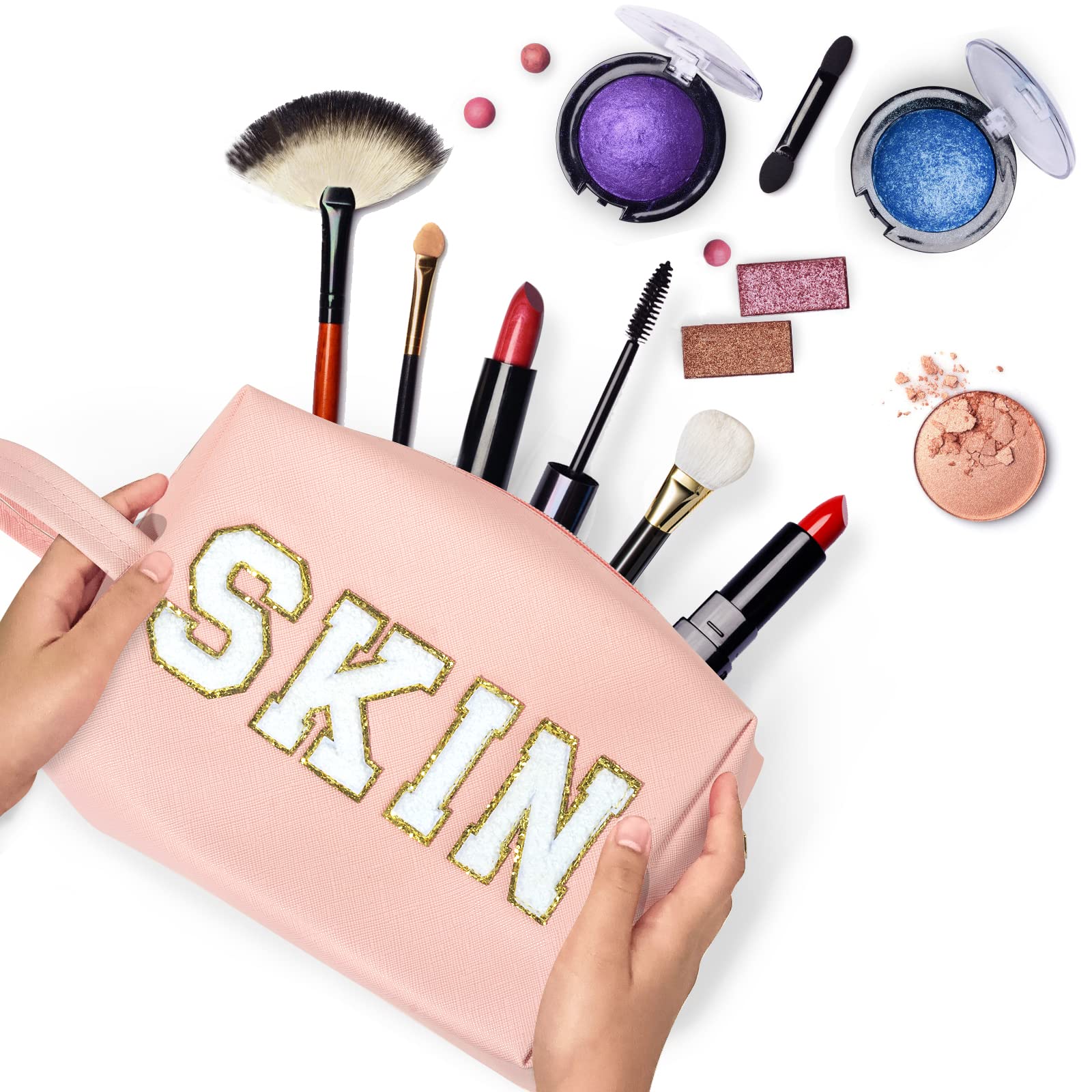 BYXEPA Makeup Bag Preppy Cosmetic Bag with Net Pocket SKIN Letter Patch Bags Waterproof Compliant Bag Case for Gift Daily Travel Use Accessories