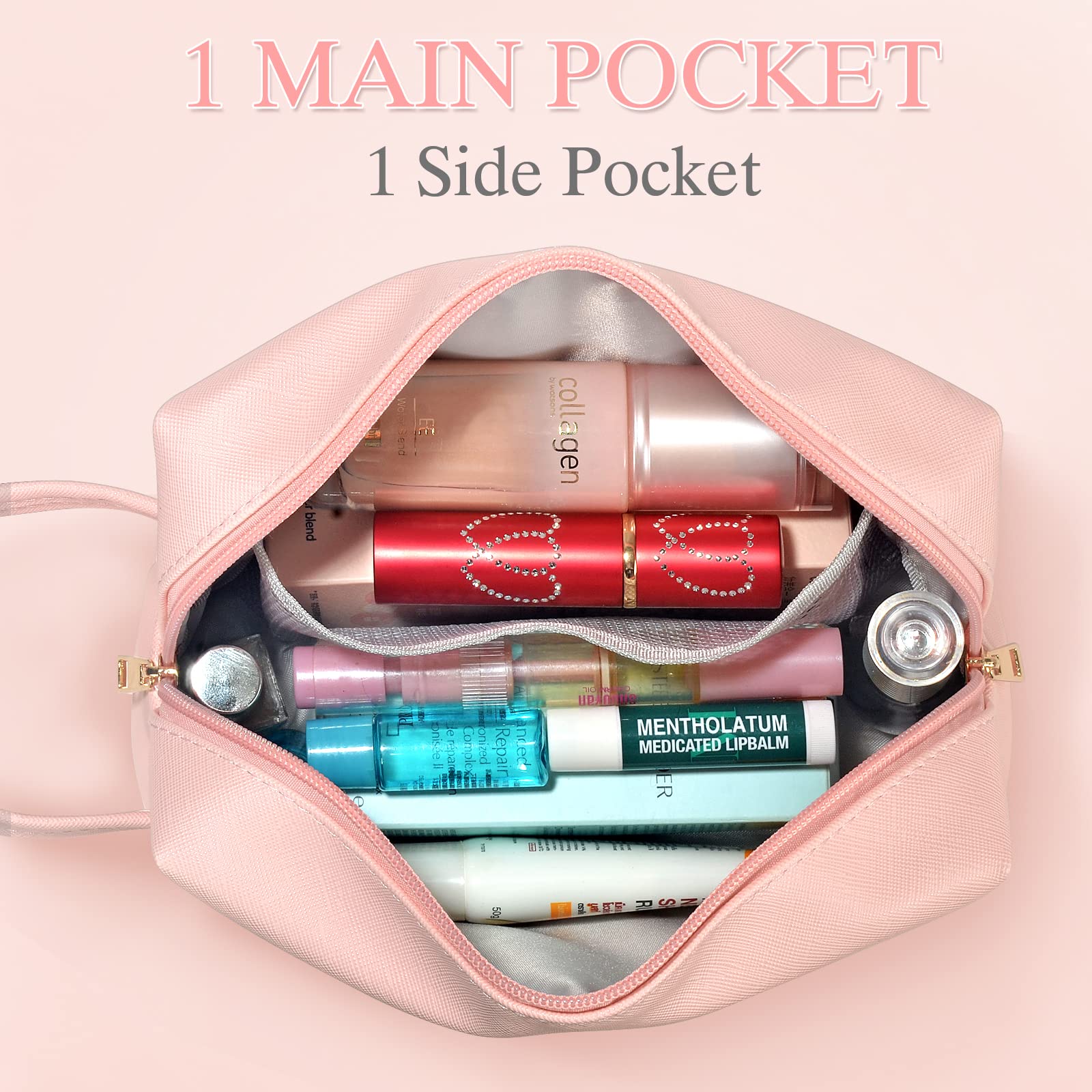 BYXEPA Makeup Bag Preppy Cosmetic Bag with Net Pocket SKIN Letter Patch Bags Waterproof Compliant Bag Case for Gift Daily Travel Use Accessories
