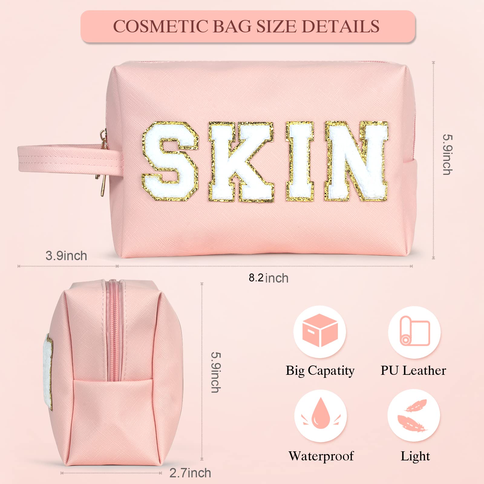 BYXEPA Makeup Bag Preppy Cosmetic Bag with Net Pocket SKIN Letter Patch Bags Waterproof Compliant Bag Case for Gift Daily Travel Use Accessories