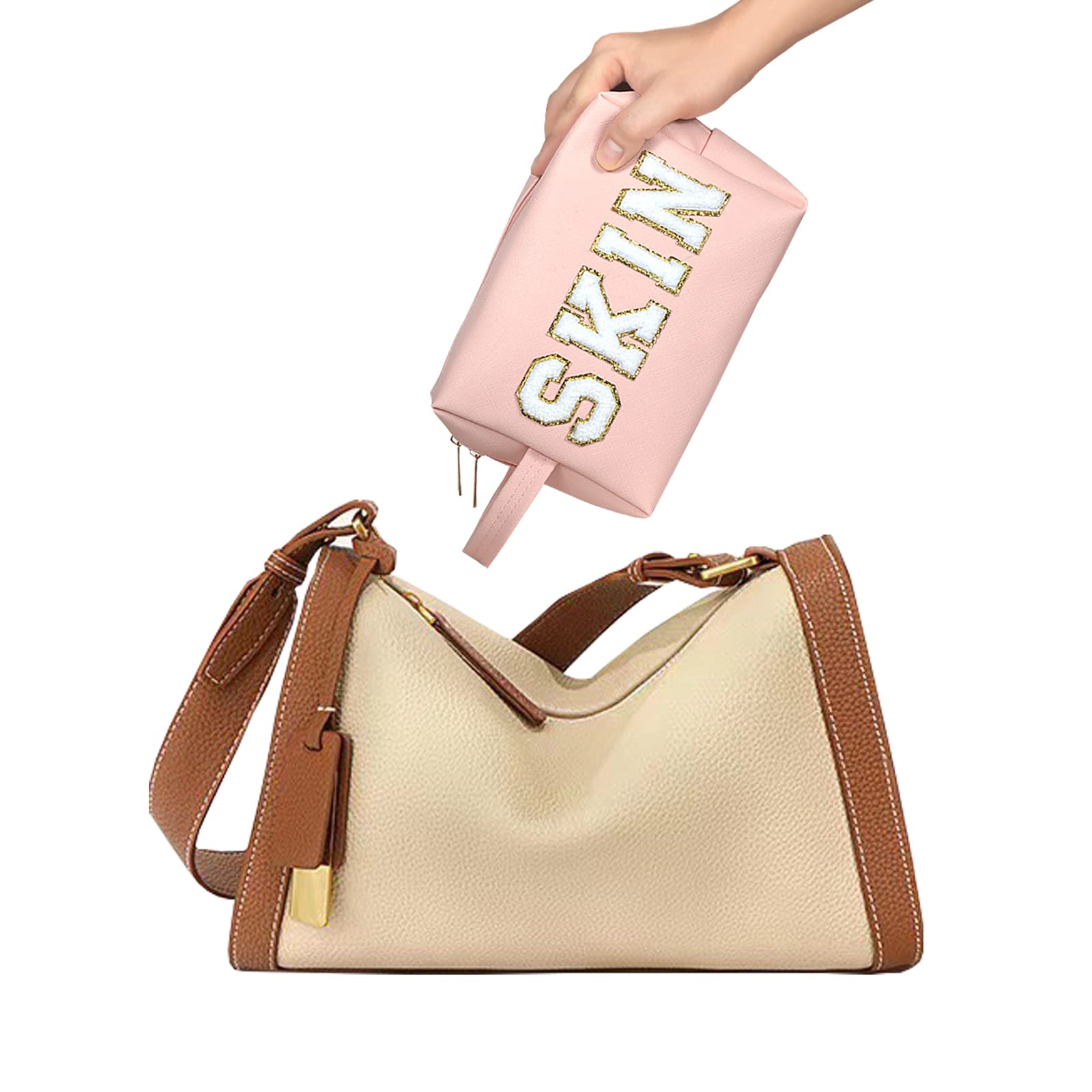 BYXEPA Makeup Bag Preppy Cosmetic Bag with Net Pocket SKIN Letter Patch Bags Waterproof Compliant Bag Case for Gift Daily Travel Use Accessories