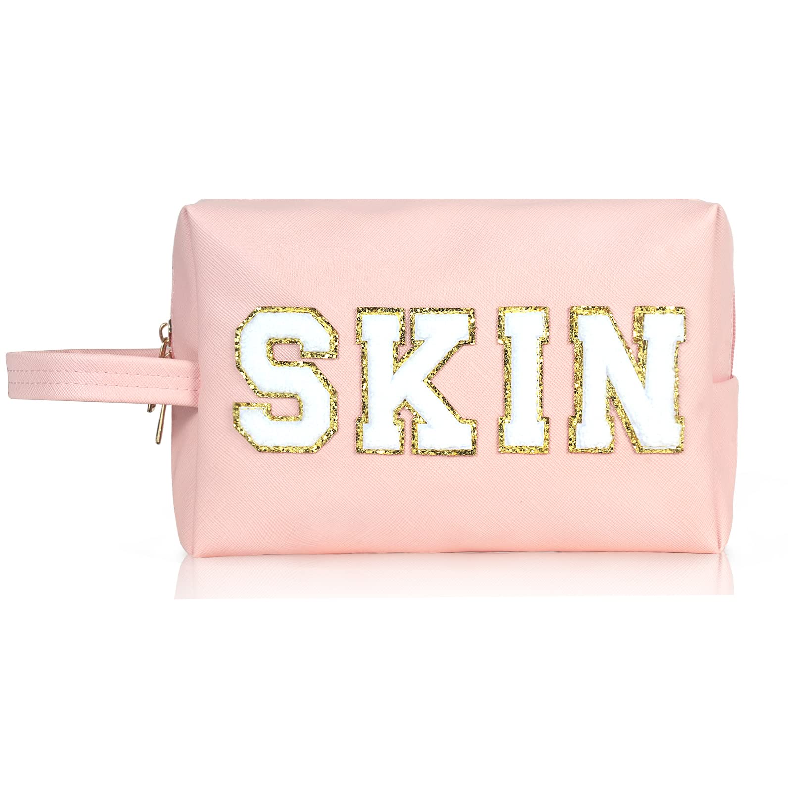 BYXEPA Makeup Bag Preppy Cosmetic Bag with Net Pocket SKIN Letter Patch Bags Waterproof Compliant Bag Case for Gift Daily Travel Use Accessories