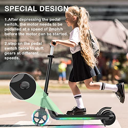 LINGTENG Electric Scooter for Kids Age of 6-10, Up to 6 mph and 80 min Ride Time, Kick-Start Boost Kids Scooter with Adjustable Speed and Height, Kids Scooter with Flash Wheel & Deck Lights(Black)