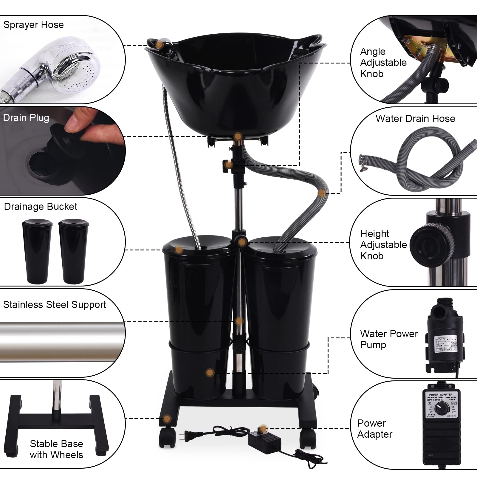 SyyBhb Portable Shampoo Bowl with Electric Pump, Portable Hair Washing Sink with Wheels, 2 Tanks for Water Storage and Drainage, Sprayer and Drain Hose, Adjustable Height & Angle
