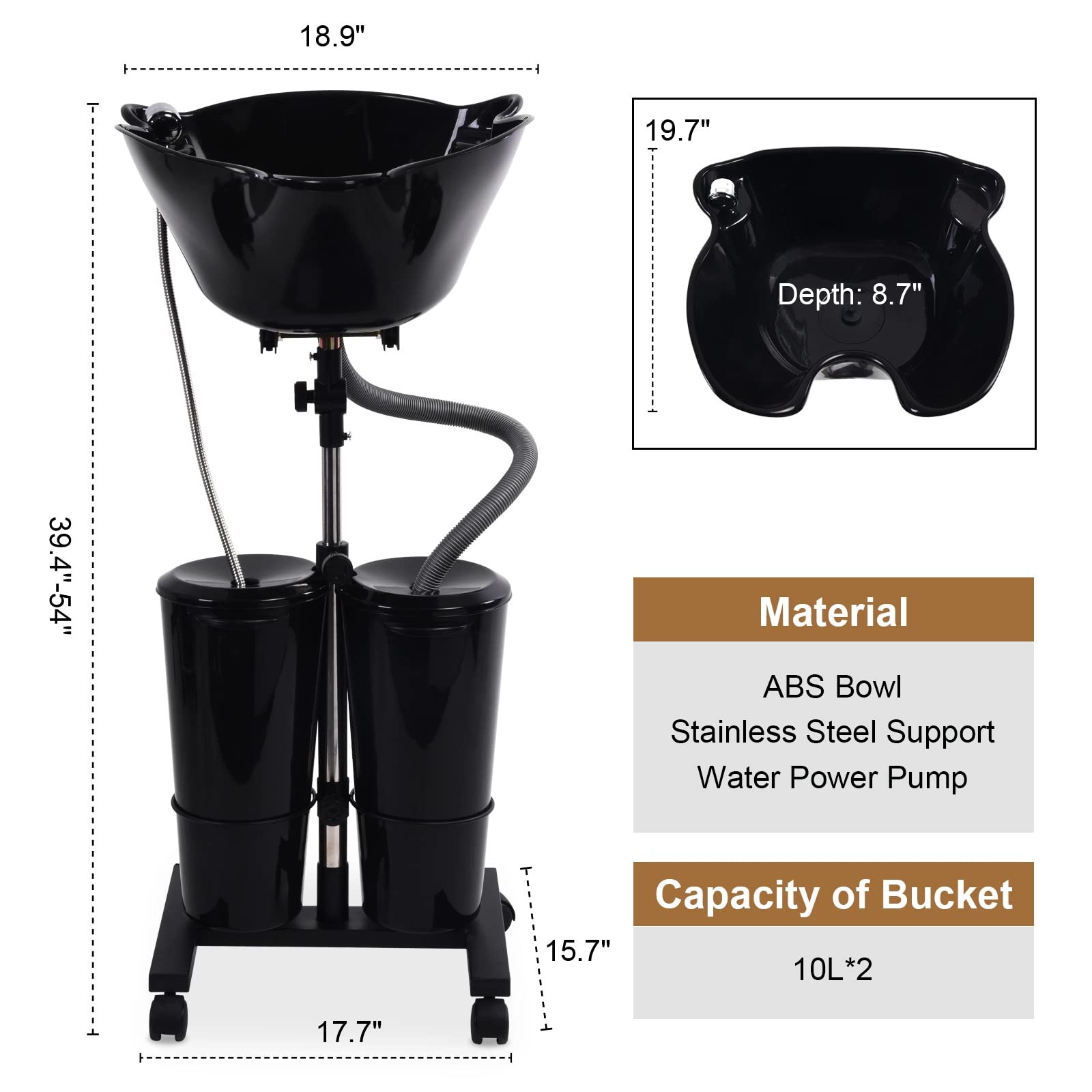 SyyBhb Portable Shampoo Bowl with Electric Pump, Portable Hair Washing Sink with Wheels, 2 Tanks for Water Storage and Drainage, Sprayer and Drain Hose, Adjustable Height & Angle