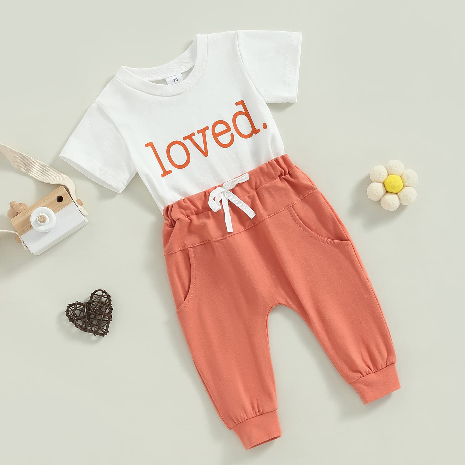 Fsadfeas Baby Boy Valentines Day Outfit Short Sleeve Lover Boy Print T-Shirt Solid Color Jogger Pants Set 2Pcs Summer Clothes (Loved White+Orange,0-6 Months)