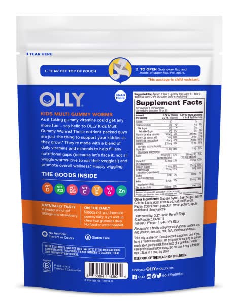 OLLY Kids Multivitamin Gummy Worms, Overall Health and Immune Support, Vitamins and Minerals A, C, D, E, Bs and Zinc, Chewable Supplement, Sour Fruit Punch, 45 Day Supply - 70 Count