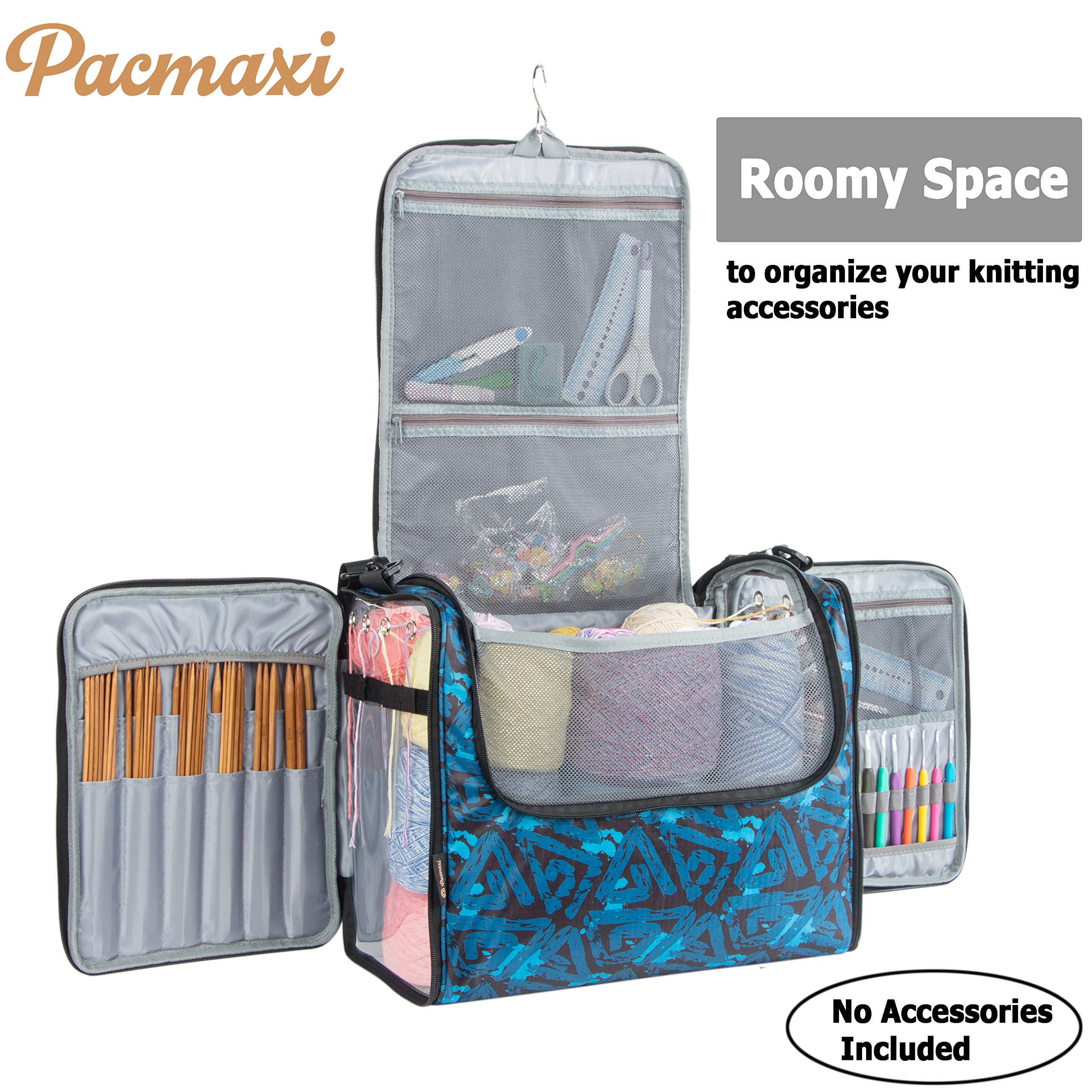 PACMAXI Yarn Storage Knitting Bag-High Capacity Portable Yarn Tote Storage Organizer with Shoulder Strap and Hook for Cotton Yarns, Crochet Hooks, Knitting Needles(Up to 10 Inch) (Blue(Large))