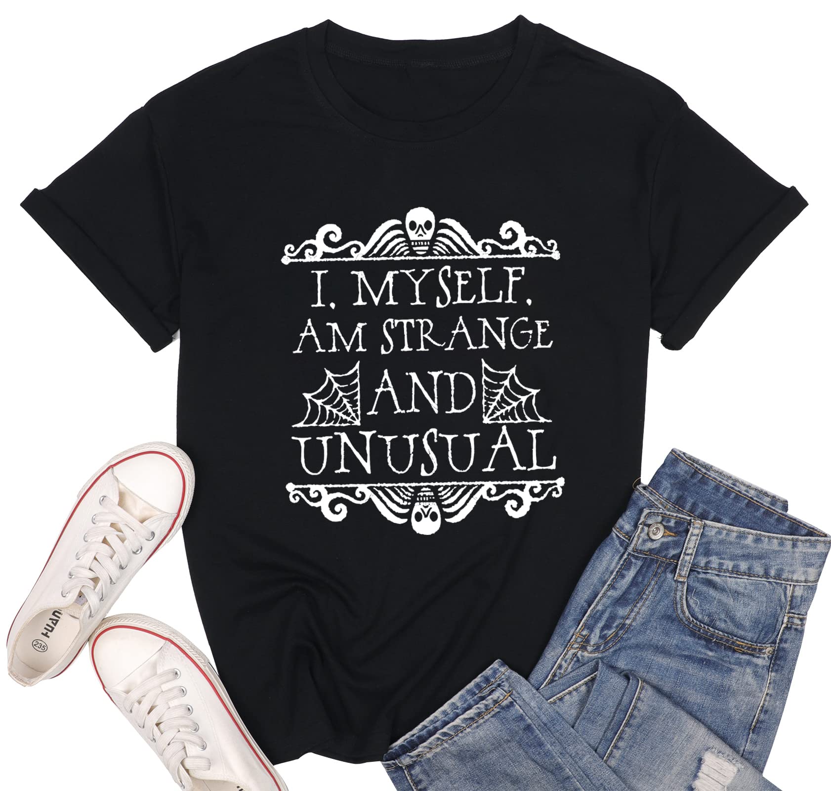 I Myself Am Strange and Unusual Tshirt Women Novelty Funny Letter Print Halloween Shirt Horror Movie Graphic Tees (S, Black)