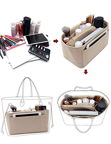 LEXSION Felt Purse Bag Organizer Insert with zipper Bag Tote Shaper Fit Speedy Neverful PM MM, 2-Beige, XL