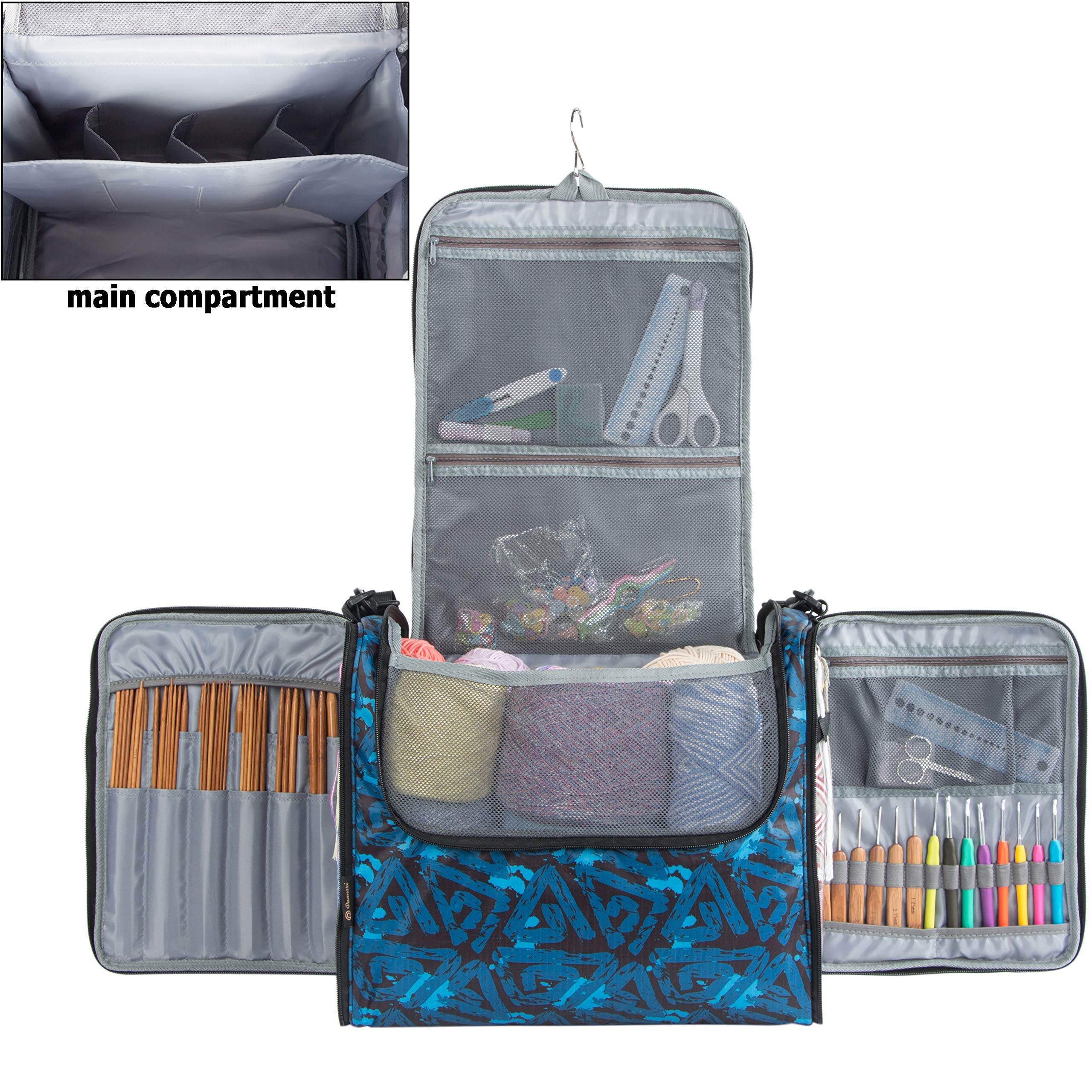 PACMAXI Yarn Storage Knitting Bag-High Capacity Portable Yarn Tote Storage Organizer with Shoulder Strap and Hook for Cotton Yarns, Crochet Hooks, Knitting Needles(Up to 10 Inch) (Blue(Large))