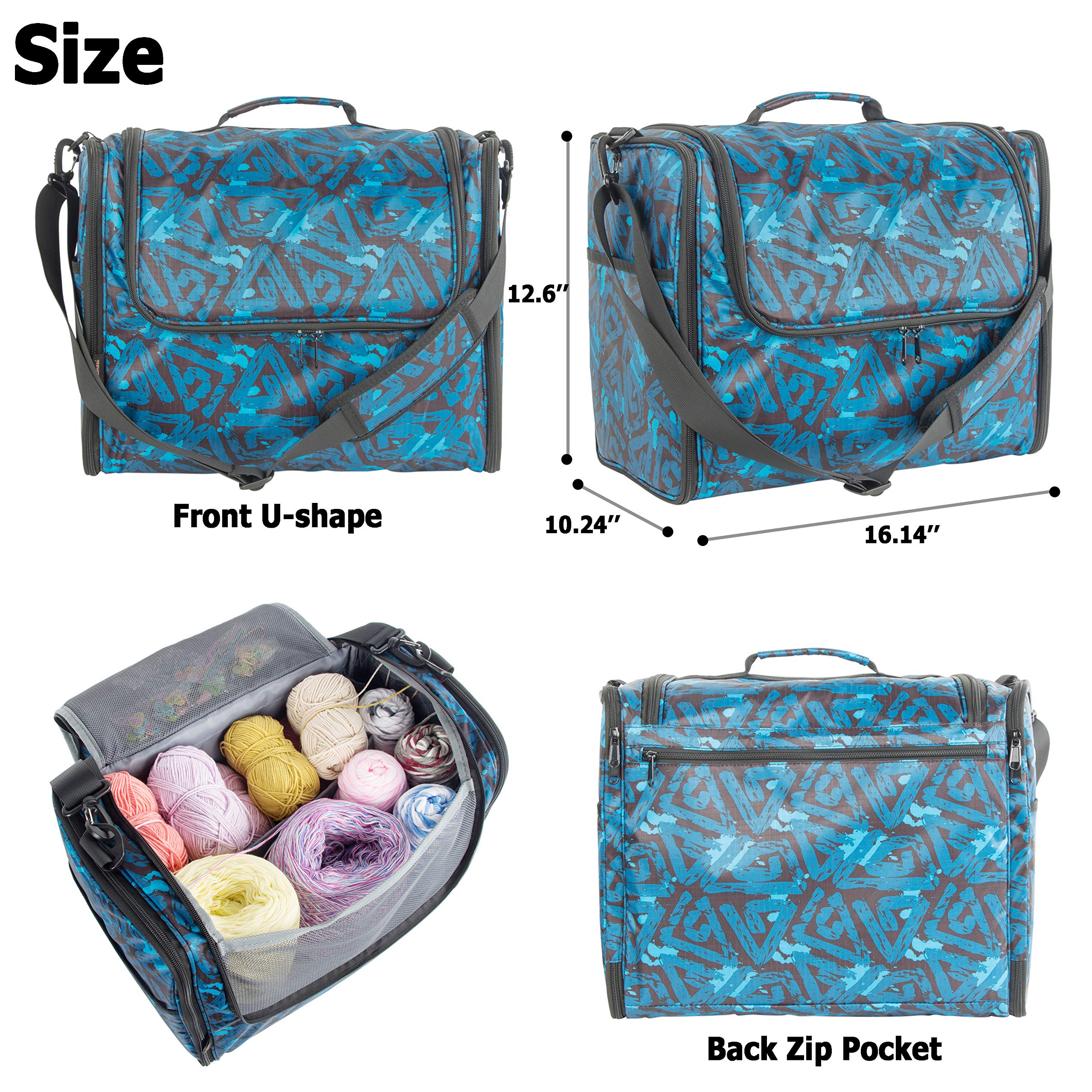 PACMAXI Yarn Storage Knitting Bag-High Capacity Portable Yarn Tote Storage Organizer with Shoulder Strap and Hook for Cotton Yarns, Crochet Hooks, Knitting Needles(Up to 10 Inch) (Blue(Large))