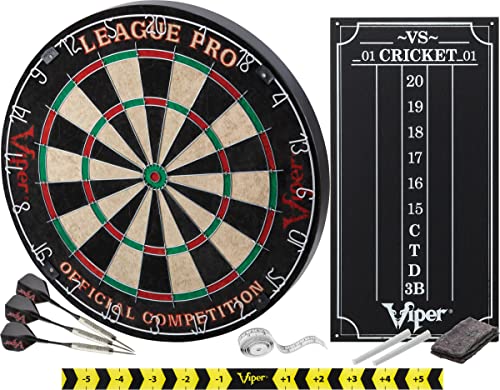 Viper League Pro Regulation Bristle Steel Tip Dartboard Starter Set with Staple-Free Bullseye, Radial Spider Wire, High-Grade Sisal with Rotating Number Ring, Chalk Cricket Scoreboard, Steel Tip Darts