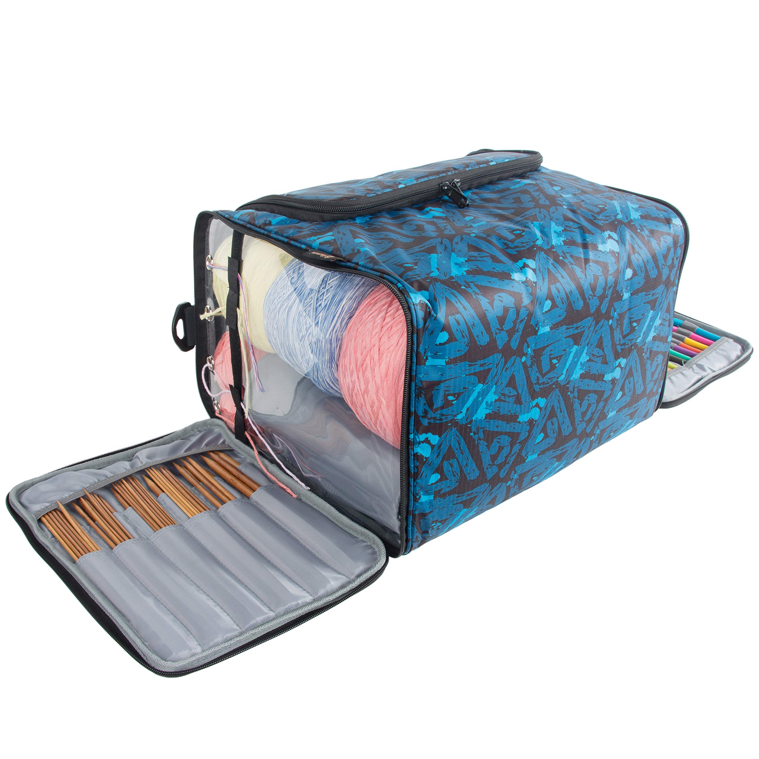 PACMAXI Yarn Storage Knitting Bag-High Capacity Portable Yarn Tote Storage Organizer with Shoulder Strap and Hook for Cotton Yarns, Crochet Hooks, Knitting Needles(Up to 10 Inch) (Blue(Large))