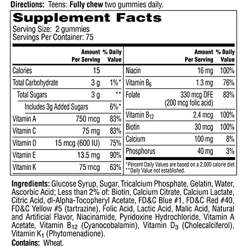 ONE A DAY Teen for Him Multivitamin Gummies Supplement with Vitamins A, C, E, B3, B6, B12, Calcium, and Vitamin D, 150 Count