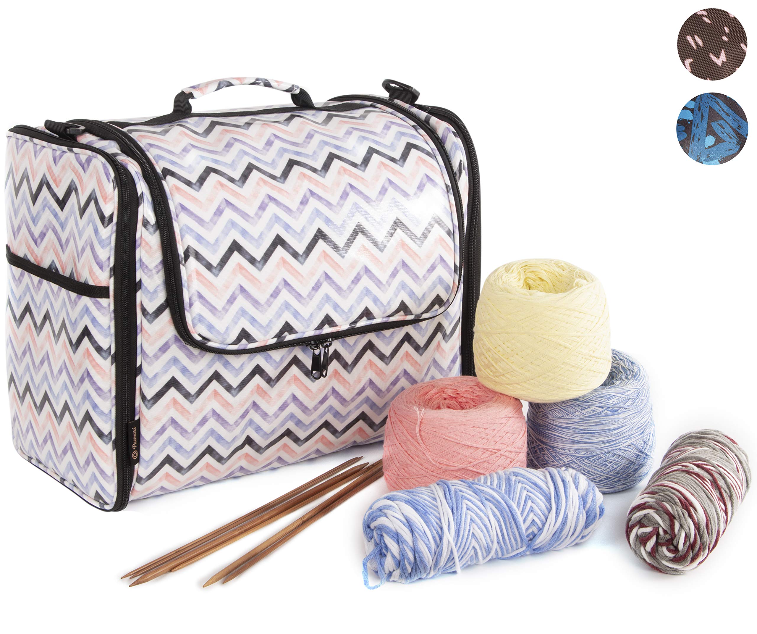 PACMAXI Yarn Storage Knitting Bag-High Capacity Portable Yarn Tote Storage Organizer with Shoulder Strap and Hook for Cotton Yarns, Crochet Hooks, Knitting Needles(Up to 10 Inch) (Blue(Large))