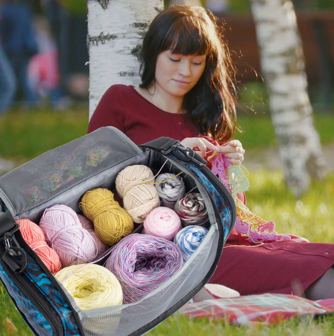 PACMAXI Yarn Storage Knitting Bag-High Capacity Portable Yarn Tote Storage Organizer with Shoulder Strap and Hook for Cotton Yarns, Crochet Hooks, Knitting Needles(Up to 10 Inch) (Blue(Large))