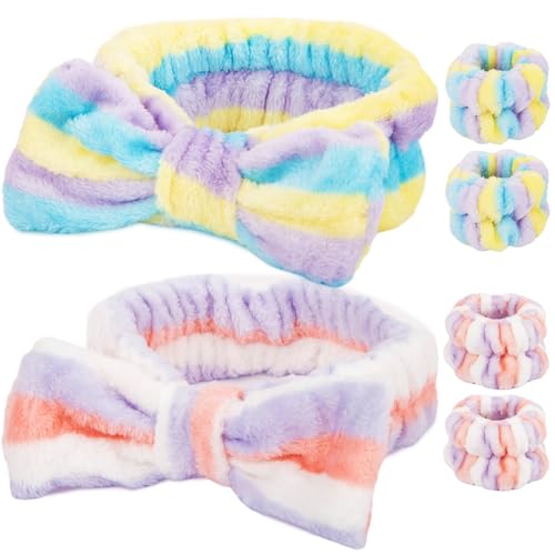 Shindel 6PCS Face Wash Headband Set, Makeup Wash Headbands with Wristbands Coral Fleece Bow Hair Bands for Women Spa Skin Care Yoga