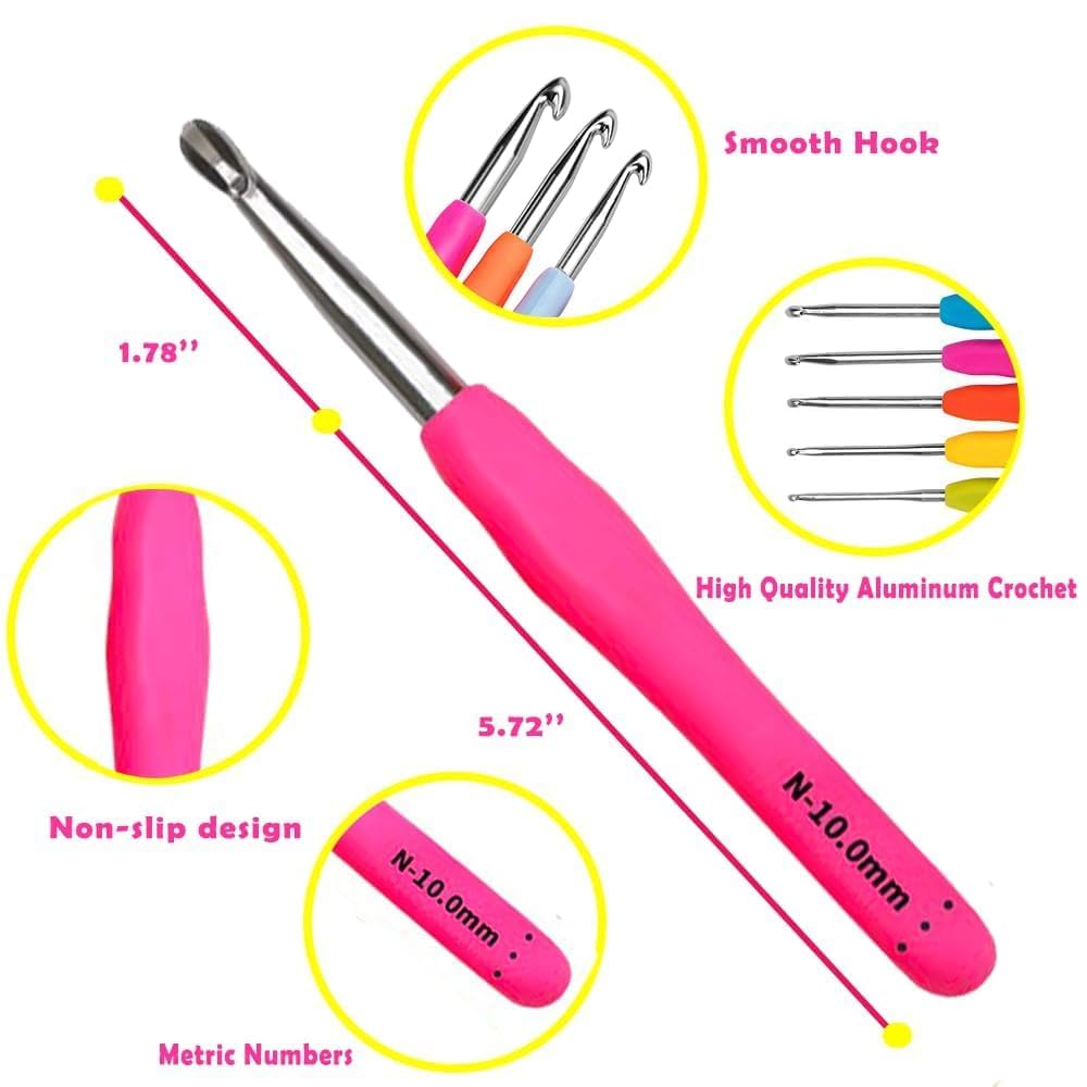 14 Size Crochet Hooks Set,2mm(B)-10mm(N) Ergonomic Crochet Hooks with Case for Arthritic Hands, Extra Long Crochet Needles