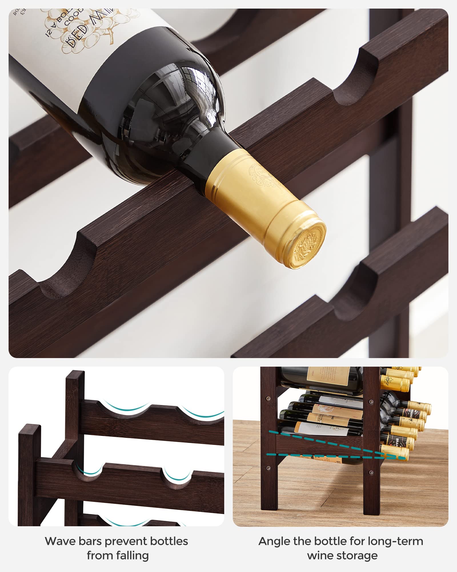 SONGMICS 30-Bottle Wine Rack, 5-Tier Freestanding Floor Bamboo Wine Holder, Display Stand Shelves, Wave Bars, Espresso UKWR25BR