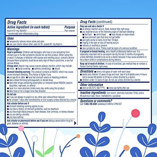 St. Joseph Aspirin Pain Reliever (NSAID) 81mg, Enteric Safety Coated, Adult Low Dose Regimen, 365 ct (1 Year Supply)