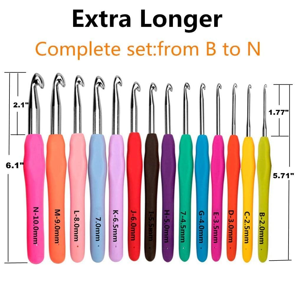 14 Size Crochet Hooks Set,2mm(B)-10mm(N) Ergonomic Crochet Hooks with Case for Arthritic Hands, Extra Long Crochet Needles