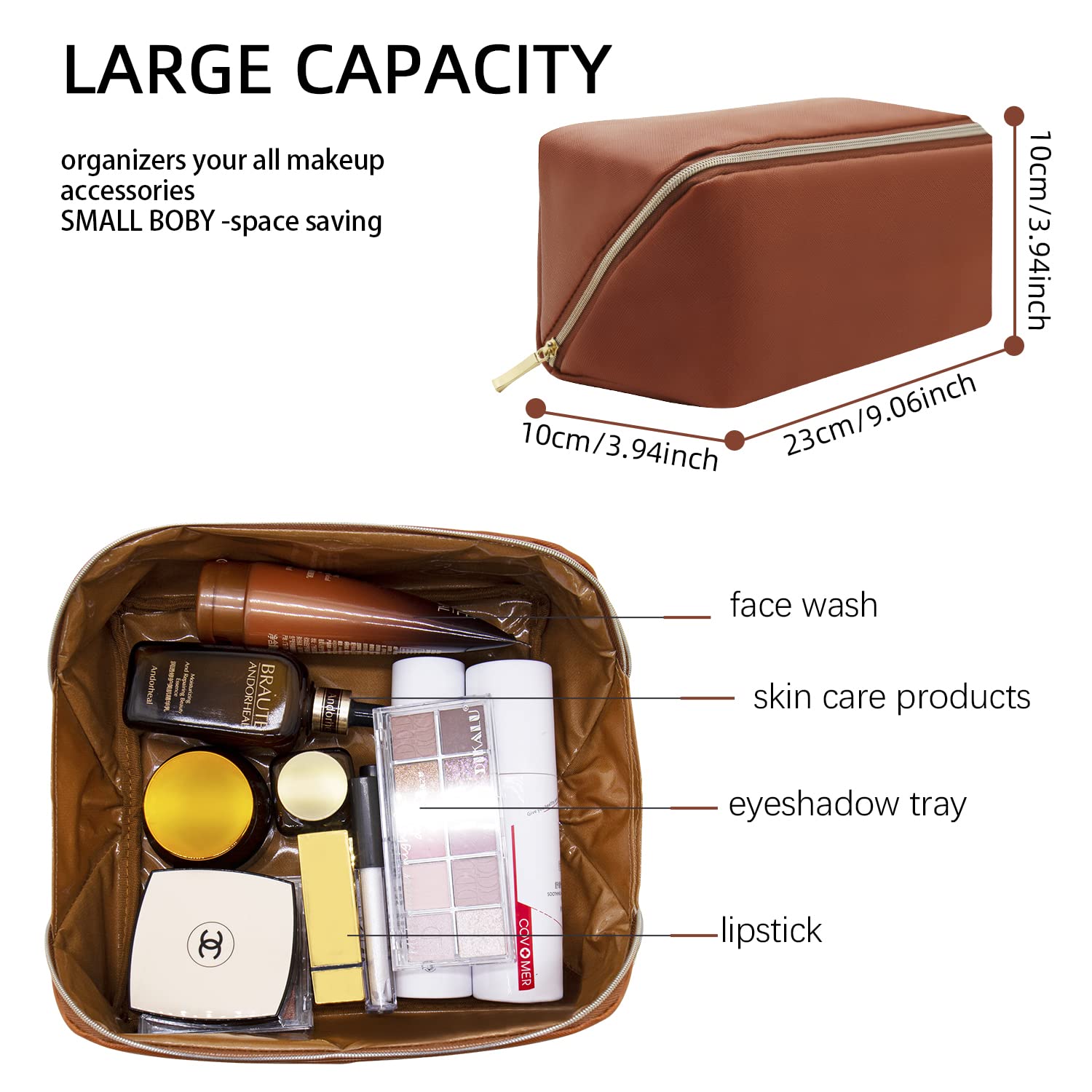 Makeup Bag,Large Capacity Travel Cosmetic Bag for Women, Multifunctional Open Flat Toiletry Bag with Handle,Washable Waterproof Beauty Zipper Makeup Organizer (Synthetic leather, brown)