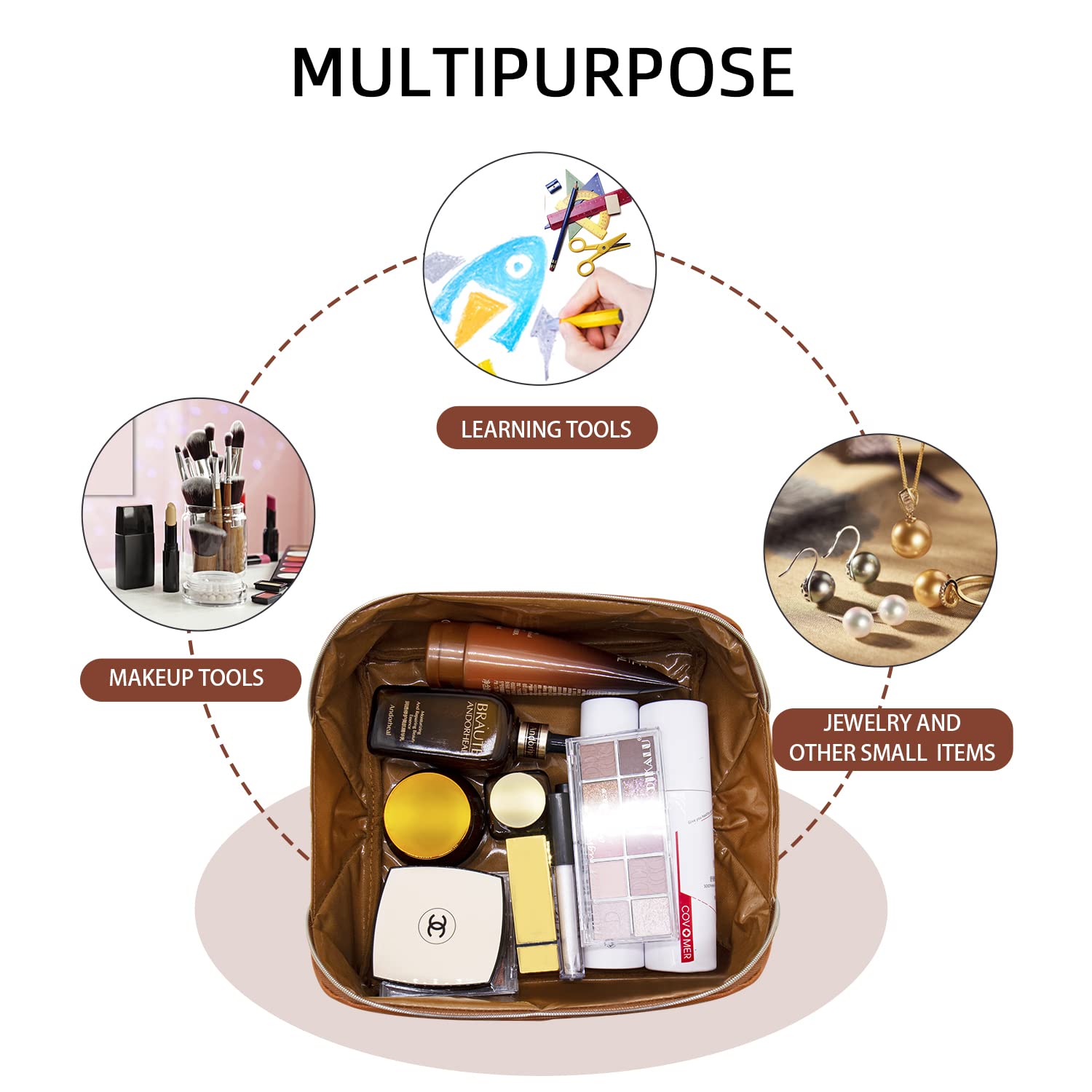 Makeup Bag,Large Capacity Travel Cosmetic Bag for Women, Multifunctional Open Flat Toiletry Bag with Handle,Washable Waterproof Beauty Zipper Makeup Organizer (Synthetic leather, brown)