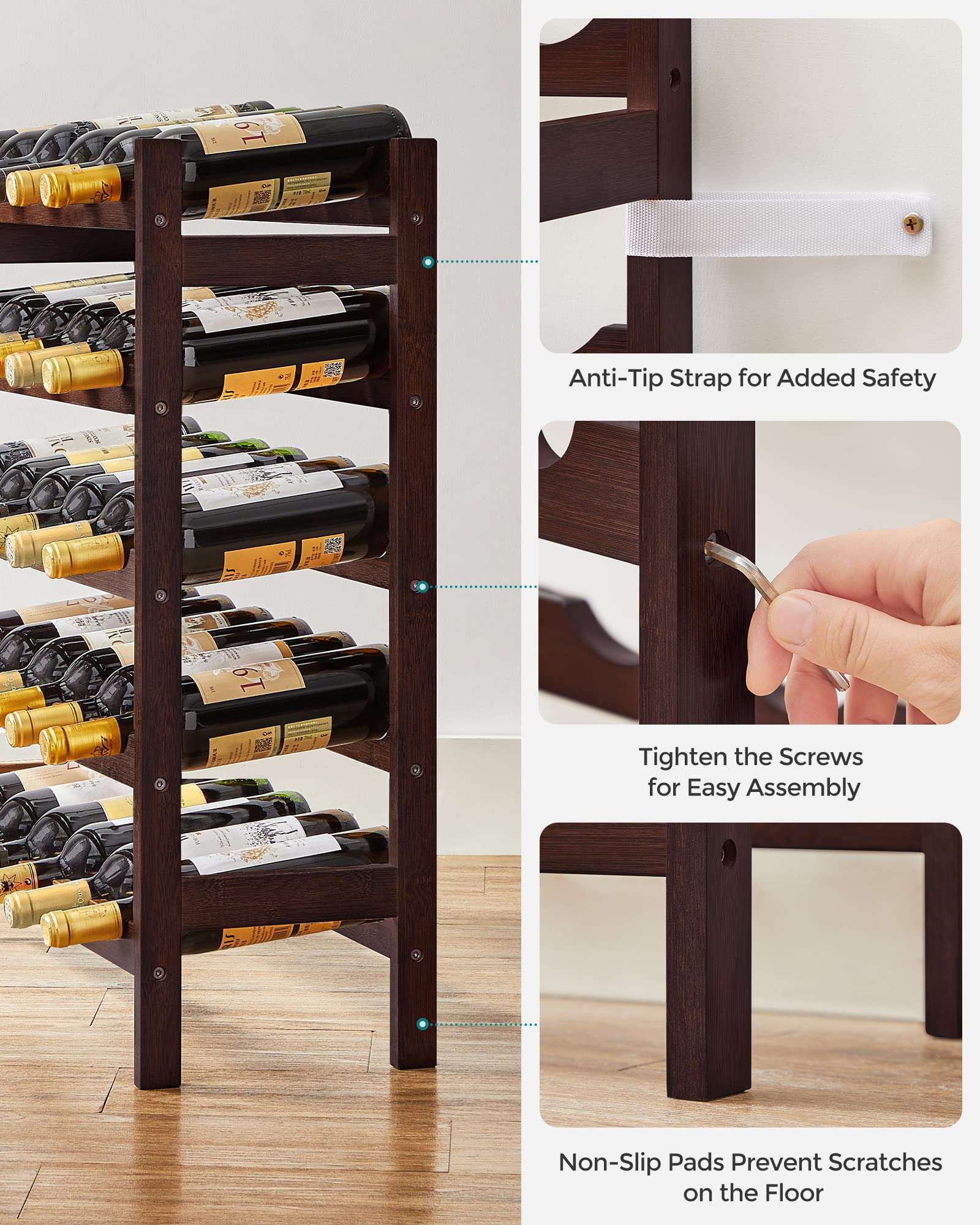 SONGMICS 30-Bottle Wine Rack, 5-Tier Freestanding Floor Bamboo Wine Holder, Display Stand Shelves, Wave Bars, Espresso UKWR25BR